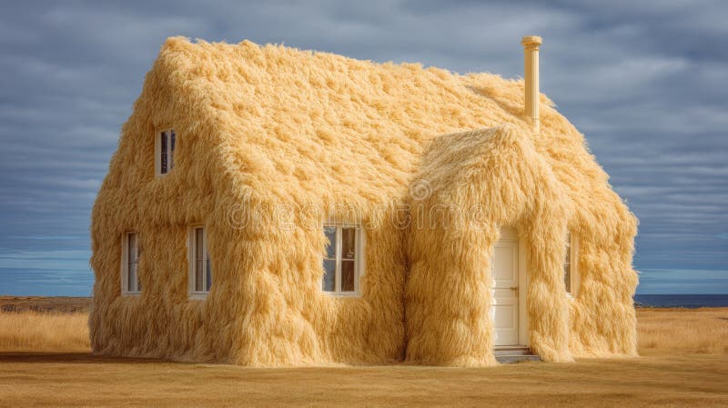 Unique Straw-covered House in Vast Landscape Under Cloudy Sky Stock ...