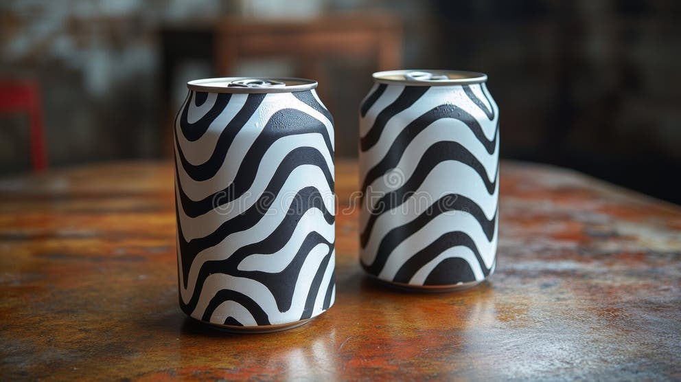 Unique Striped Cans on a Rustic Table Create a Striking Visual Contrast ...