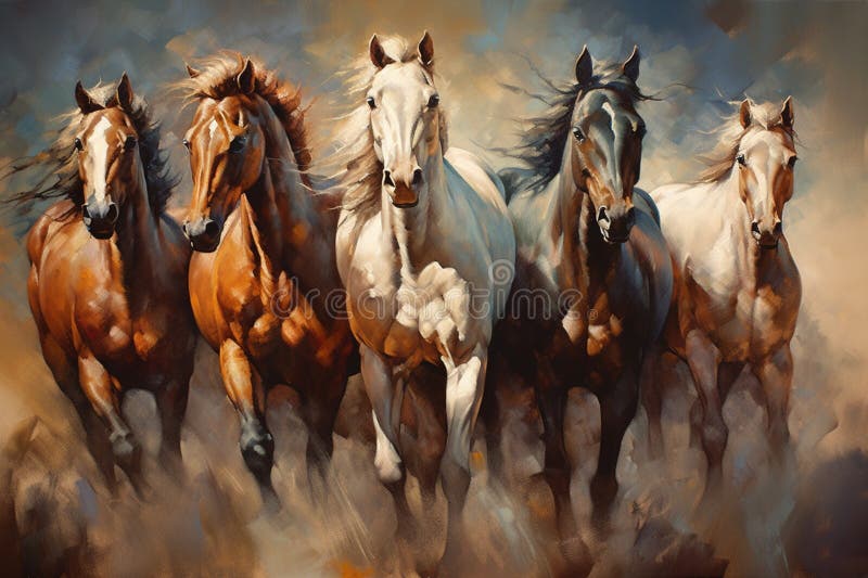 Unique and Successful Five Horse Illustration Painting. AI Stock ...