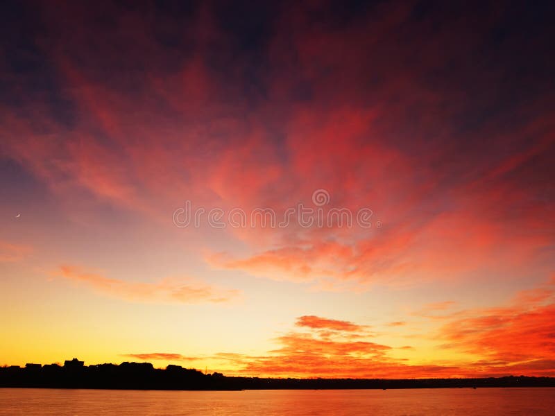 Unique Sunset on the Shore of the Lake with Red Clouds Stock Photo ...