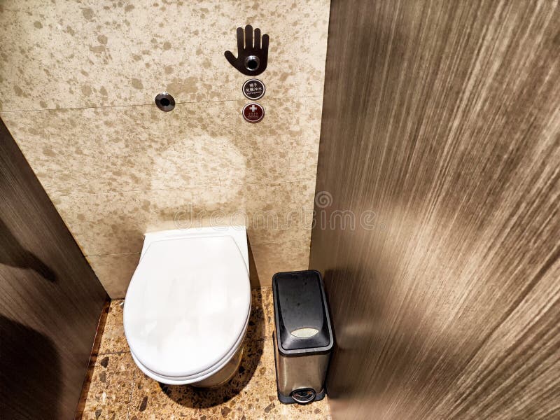 Unique Toilet Setup with Sensor Control and Waste Bin in a Modern ...
