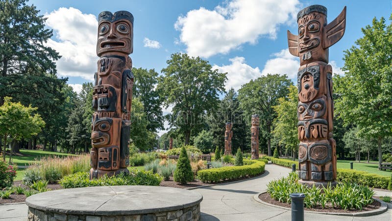 Unique Totem Pole with Geometric Animal Patterns in Urban Park Setting ...