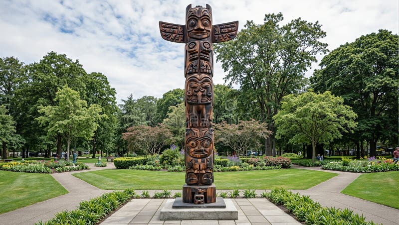 Unique Totem Pole with Geometric Animal Patterns in Urban Park Setting ...