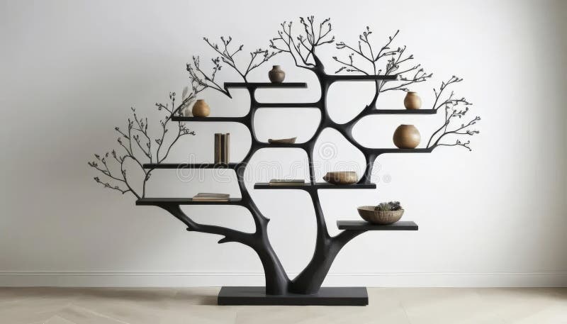 Unique Tree Bookshelf Design Featuring Dark Wood Shelves and Minimalist ...