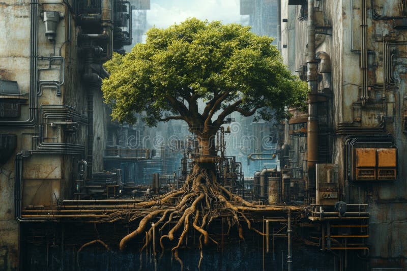 Unique Tree Growing Amidst Industrial Setting with Green Leaves Stock ...