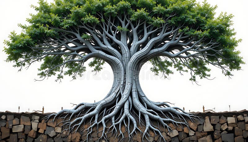 Unique Tree Sculpture with Intricate Root System on Stone Wall Display ...