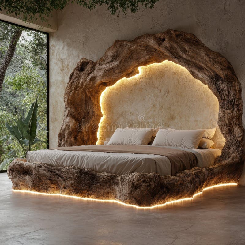 Unique Tree Trunk Bed with Warm Lighting in a Modern Bedroom Stock ...