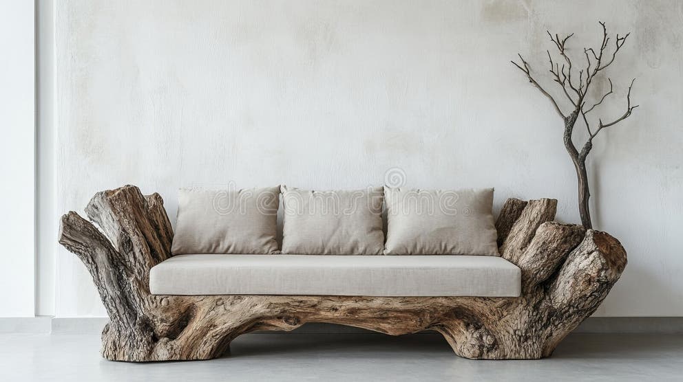 Unique Tree Trunk Sofa, Rustic Modern Interior Design Stock ...