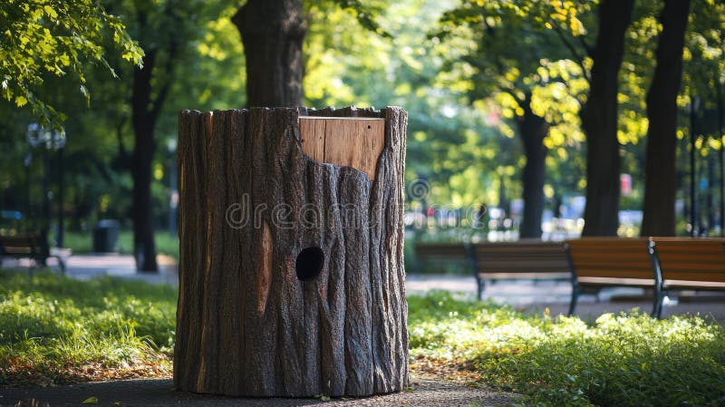 Unique Tree Trunk Trash Can in a Lush Park Setting Stock Illustration ...