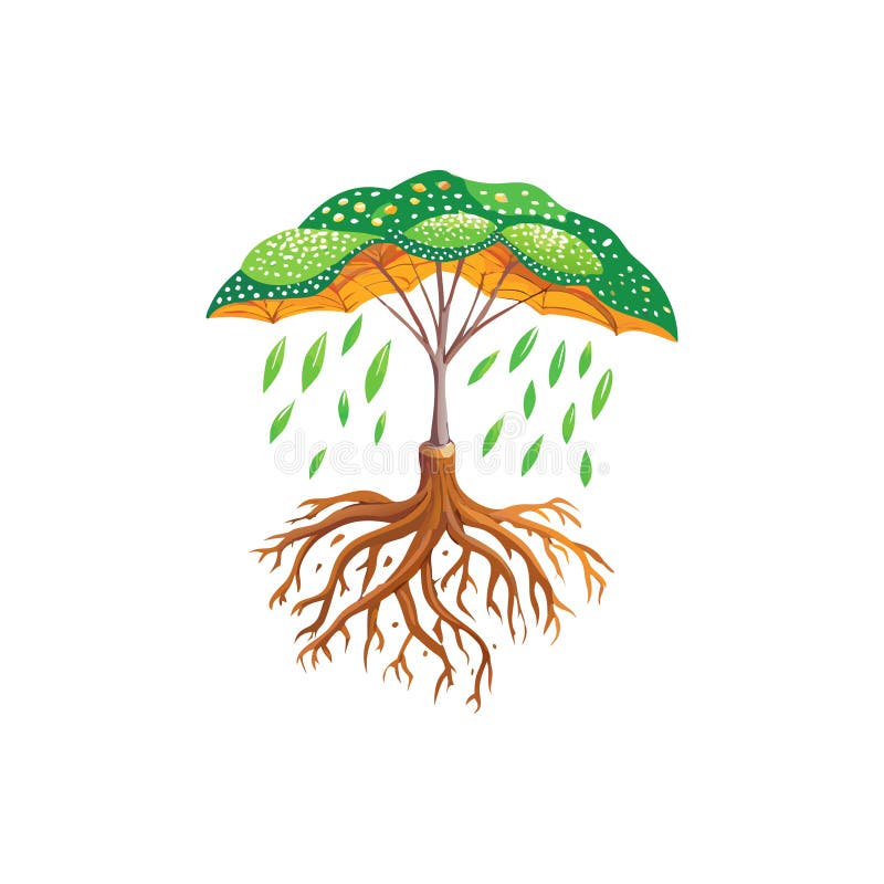 Unique Tree with Umbrella-Shaped Canopy and Falling Leaves Isolated on ...