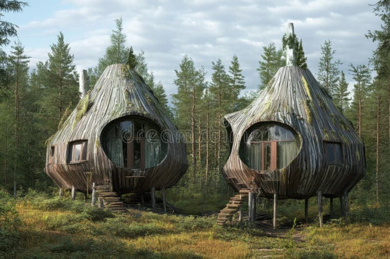 Unique Treehouse Cabins Nestled in a Tranquil Forest Environment Stock ...