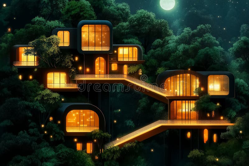 Unique Treehouse Structure Illuminated at Night with Warm Light Glowing ...