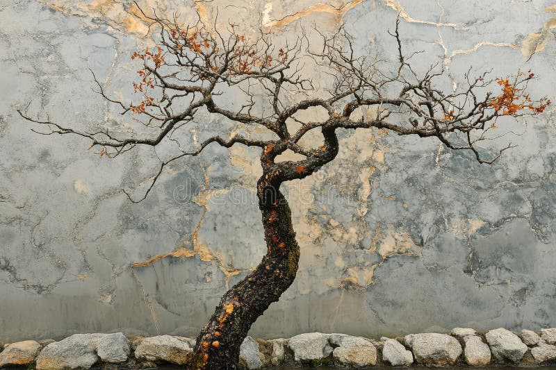 Unique Twisted Tree Against a Textured Stone Wall in a Tranquil Setting ...