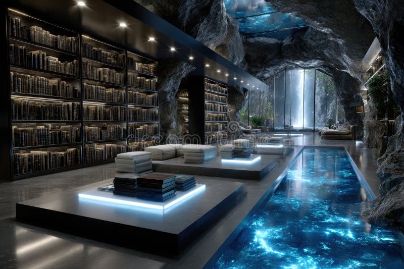 Modern Underground Library and Relaxation Area with Glowing Water ...