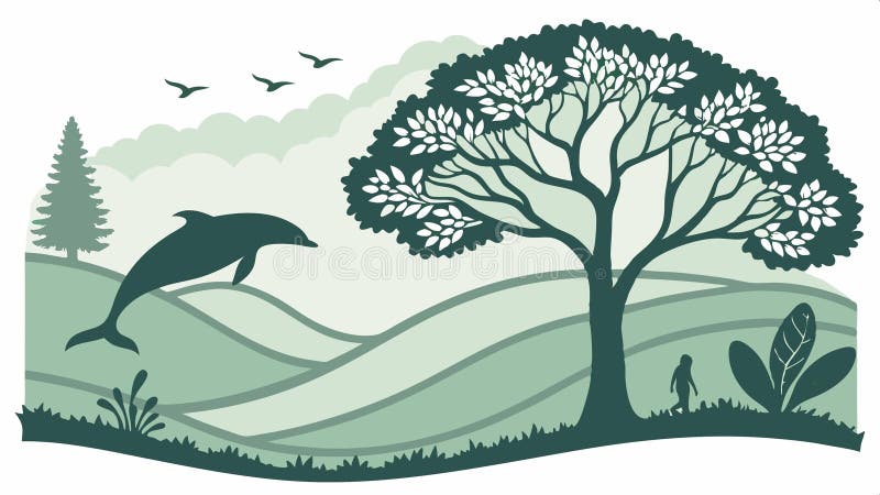 Tree with Dolphin Silhouette, Nature and Marine Life Blend Vector ...