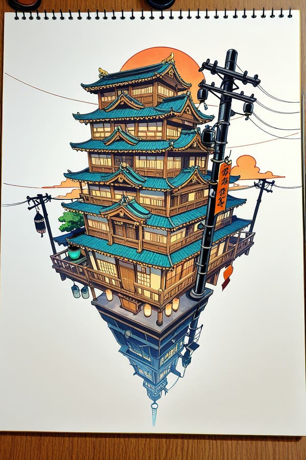 Unique Vertical Building Illustration with Traditional Architecture ...