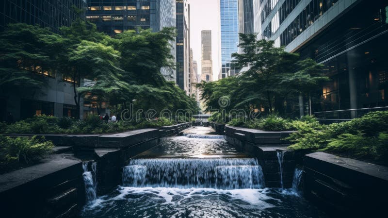A Unique View of a City with Waterfalls Flowing between Buildings Stock ...