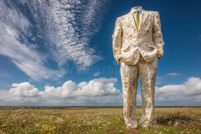 Full Body Business Suit Made from Crumpled Materials in a Scenic Open ...