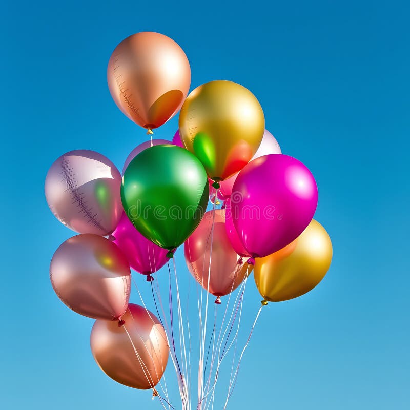 A Cluster of Helium Balloons in Metallic Hues Floating Against a Blue ...