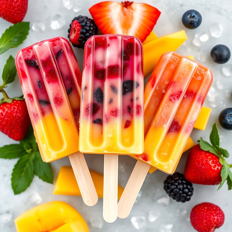 A Colorful Fruit Popsicle with Layers of Berries and Mango Stock ...