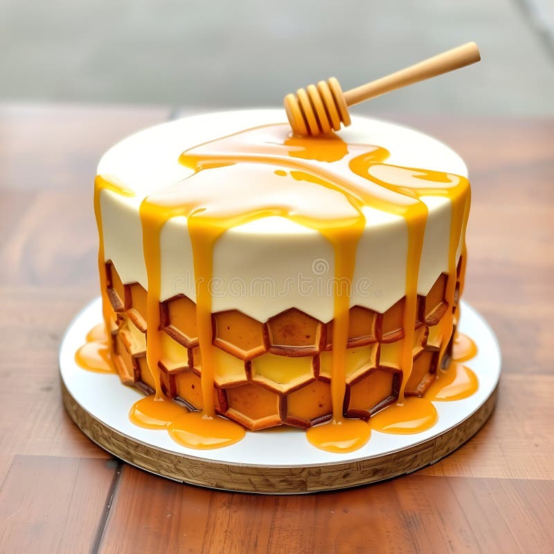 A Honey Themed Cake with Hexagonal Patterns and a Drizzle of Honey ...