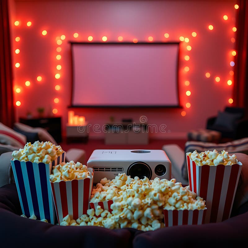 A Movie Night Setup with Popcorn Boxes and a Projector Screen Stock ...