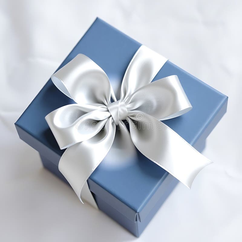 A Pastel Navy Blue Gift Box with a Silver Satin Bow Stock Illustration ...