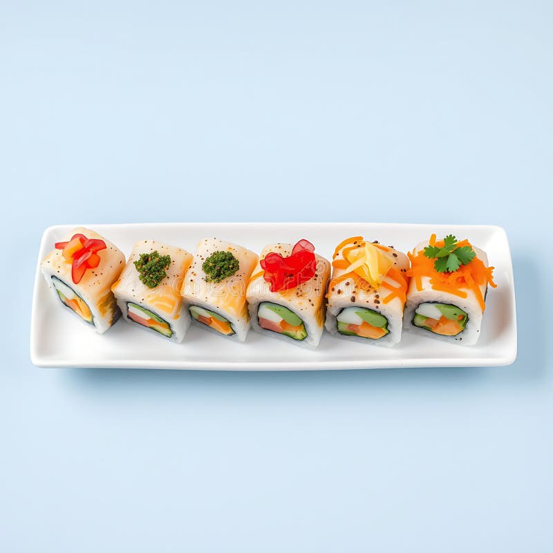 A Platter of Sushi Rolls with Colorful Toppings on a Pastel Blue Gray ...