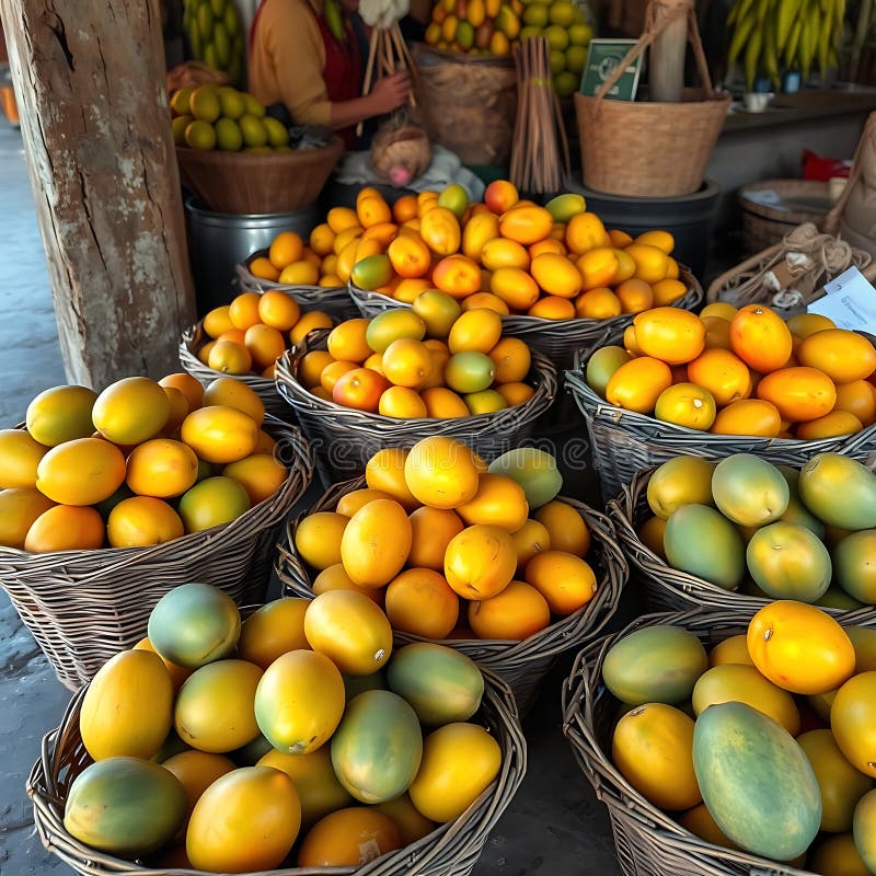 A Rustic Market Scene with Baskets Overflowing with Fresh Mangoes Stock ...