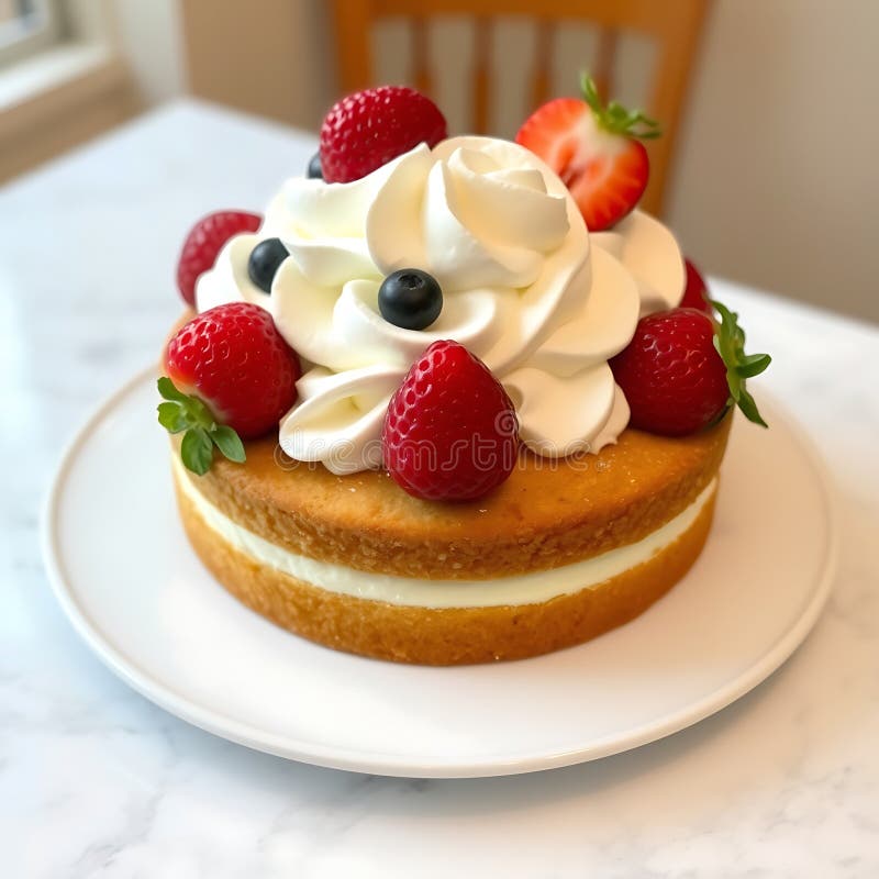 A Simple Sponge Cake Garnished with Fresh Fruit and Whipped Cream Stock ...