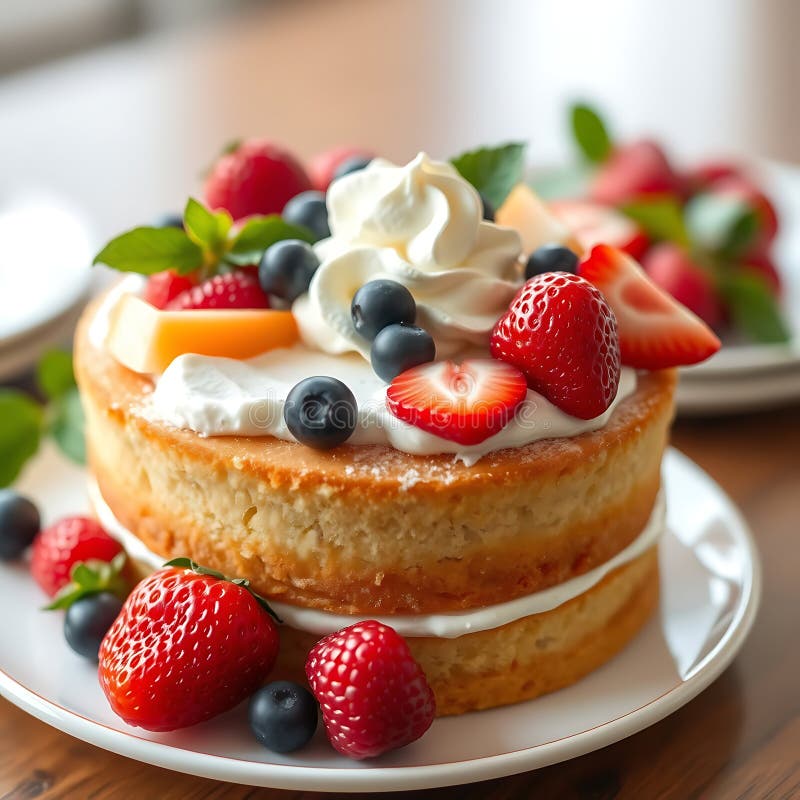 A Simple Sponge Cake Garnished with Fresh Fruit and Whipped Cream Stock ...