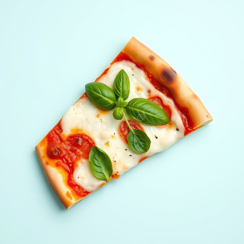 A Slice of Margherita Pizza with Fresh Basil on a Pastel Teal ...
