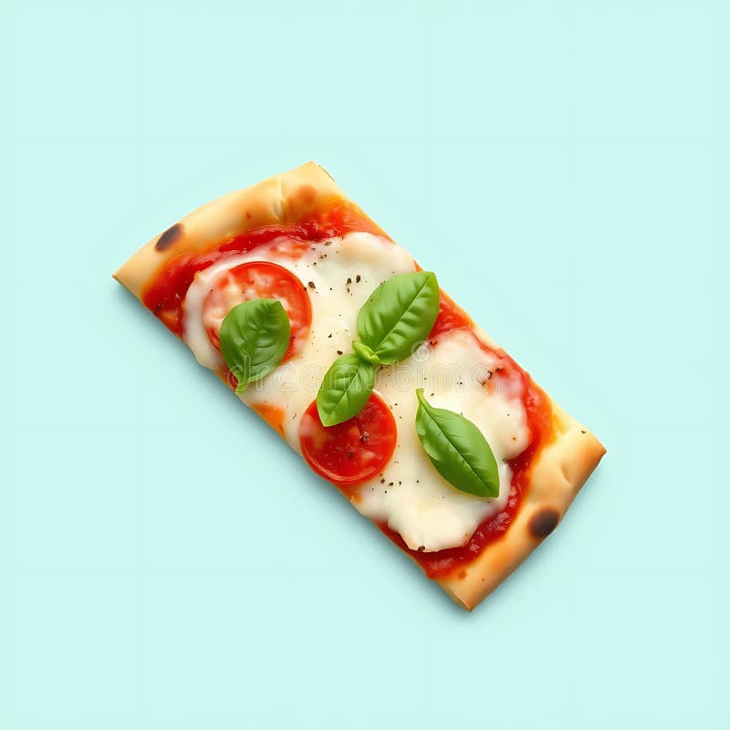 A Slice of Margherita Pizza with Fresh Basil on a Pastel Teal ...