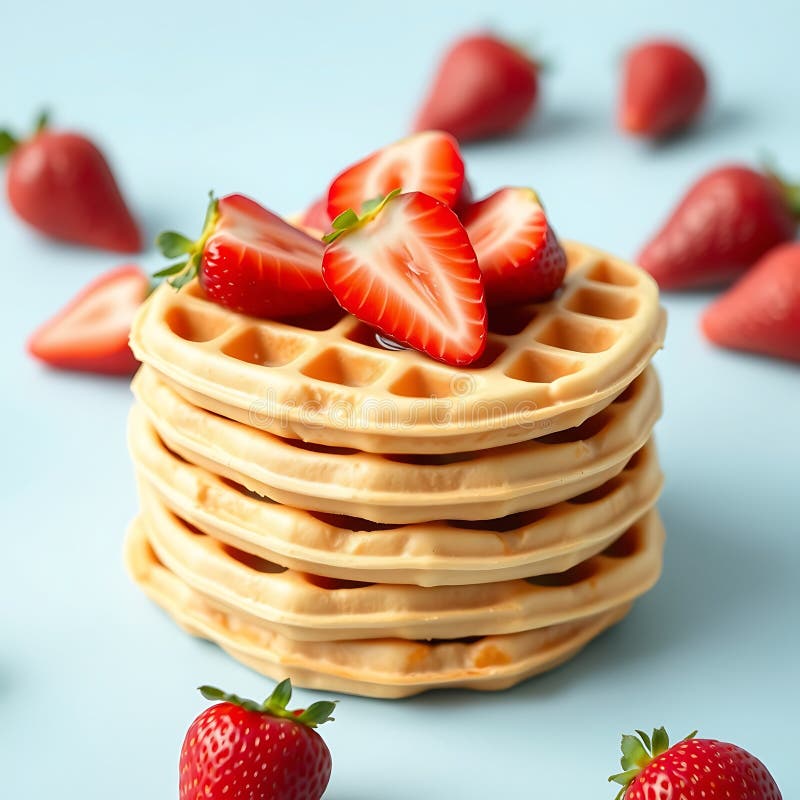 A Stack of Belgian Waffles Topped with Strawberries on a Pastel Blue ...