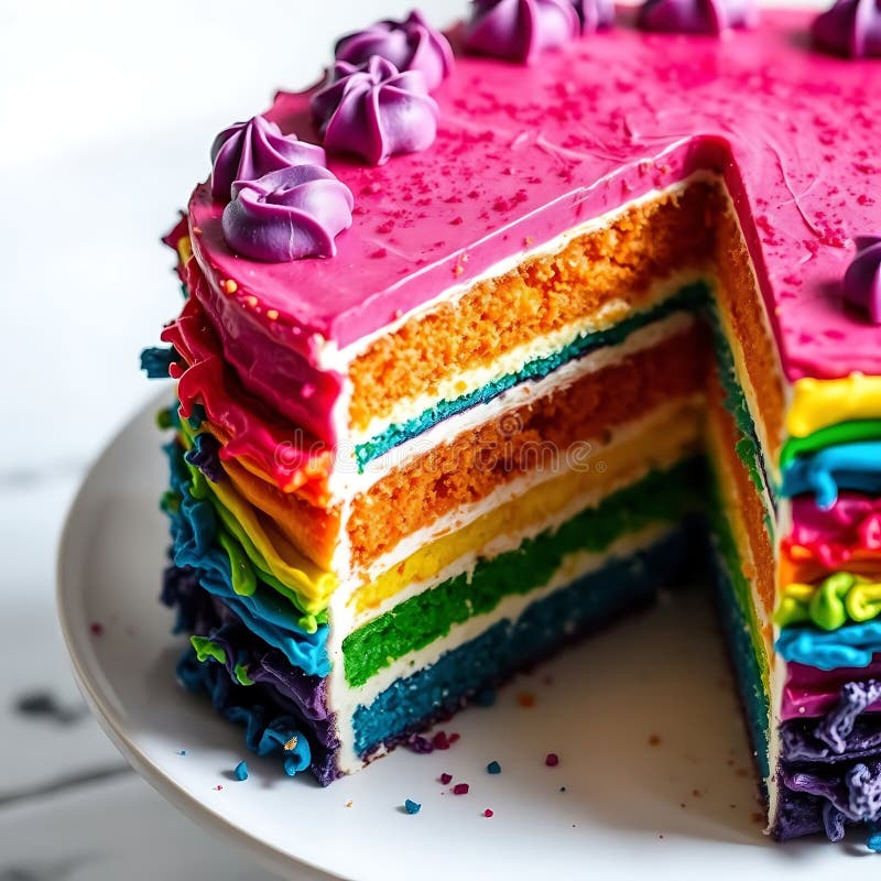 A Vibrant Rainbow Layer Cake with Slices Revealing the Colorful Inside ...