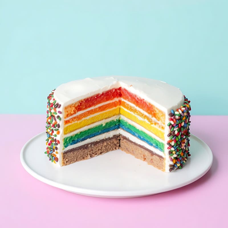 A Vibrant Rainbow Layer Cake with Slices Revealing the Colorful Inside ...