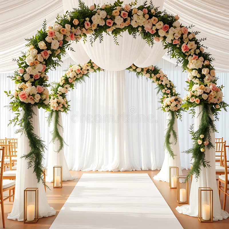 A Wedding Setup with Floral Arches and White Drapery Stock Illustration ...