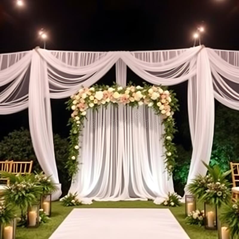 A Wedding Setup with Floral Arches and White Drapery Stock Illustration ...