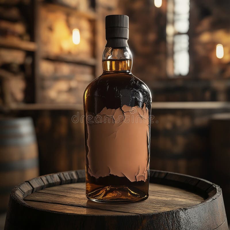 Unique Whiskey Bottle Resting on a Wooden Barrel in a Rustic Distillery ...