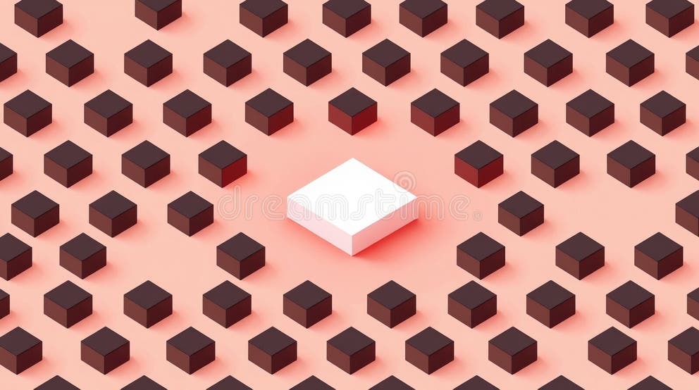 Unique White Cube among a Grid of Dark Brown Cubes on a Light Pink ...
