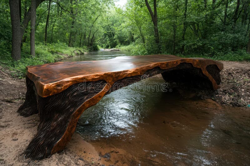 A Unique Wooden Bridge Over a Stream in a Forest. Stock Illustration ...