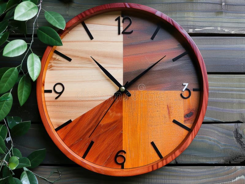 A Unique Wooden Clock with a Circular Design. Mounted on a Wooden Wall ...