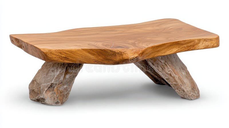 Unique Wooden Coffee Table with Rustic Stone Base Design Stock ...