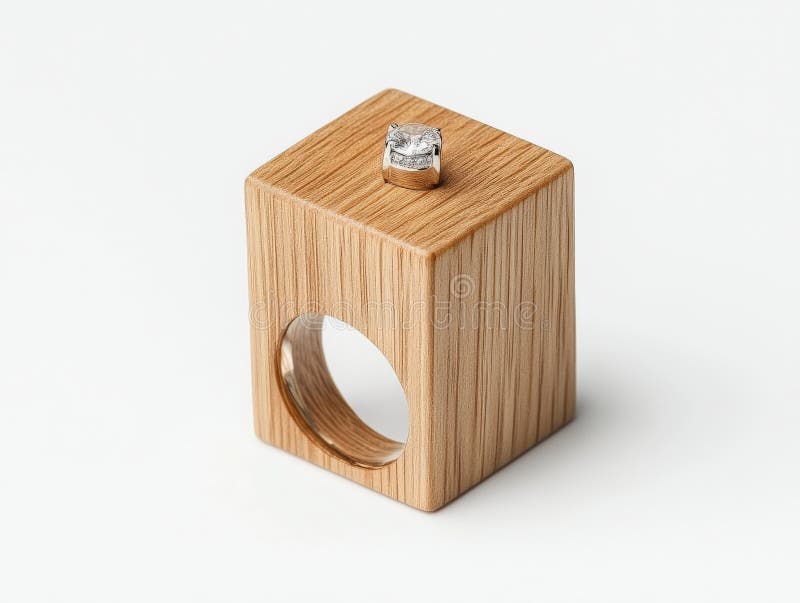 Unique Wooden Cube Ring Holder with an Engagement Ring Displayed on Top ...