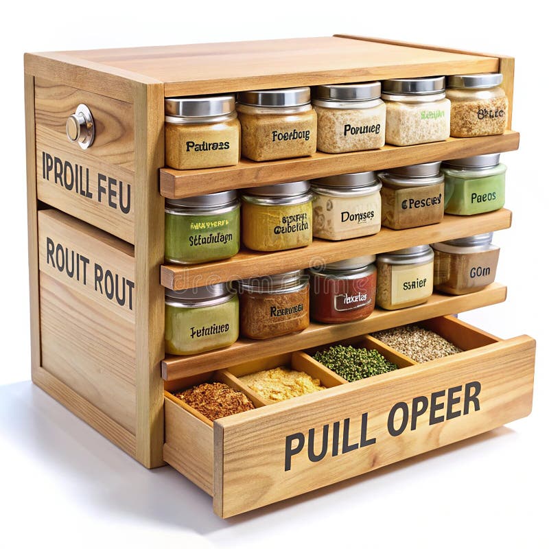 Unique Wooden Spice Drawer with Labeled Pull-out Sections Stock ...