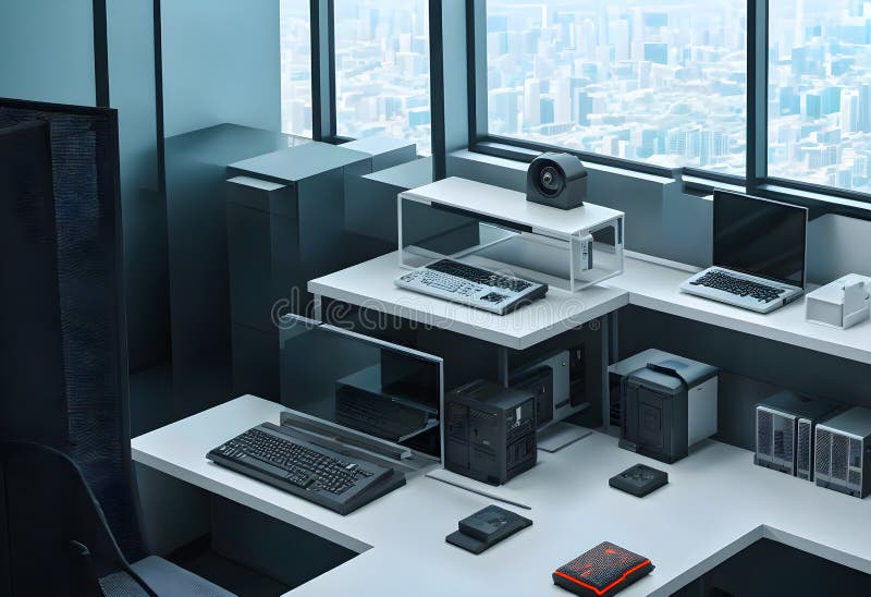 Unique Workplace with Empty White Mock Up Computer Laptop. Smart Office ...