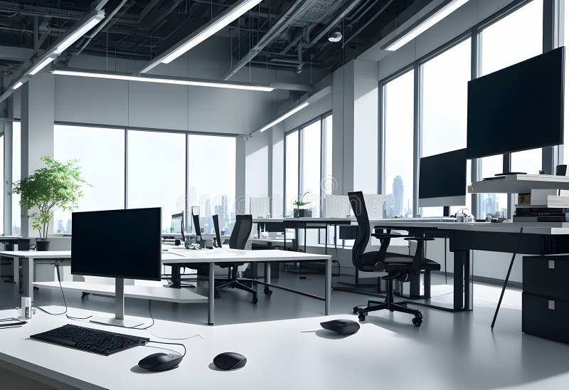 Unique Workplace with Empty White Mock Up Computer Laptop. Smart Office ...