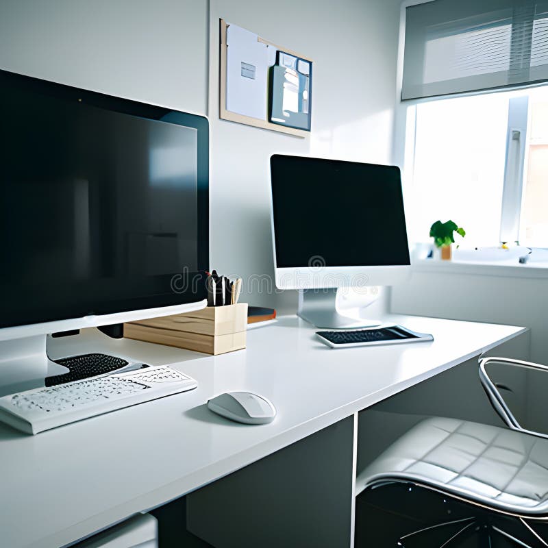 Unique Workplace with Empty White Mock Up Computer Laptop. Smart Office ...
