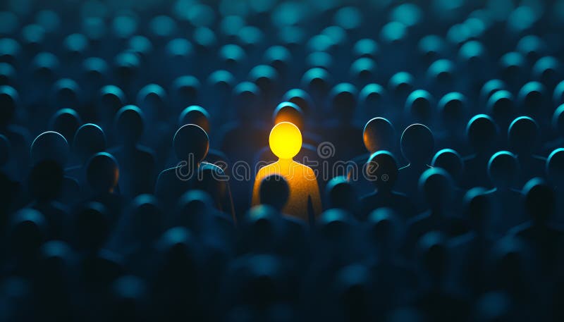 Unique Yellow Figure Standing Out in a Crowd of Blue Figures Stock ...