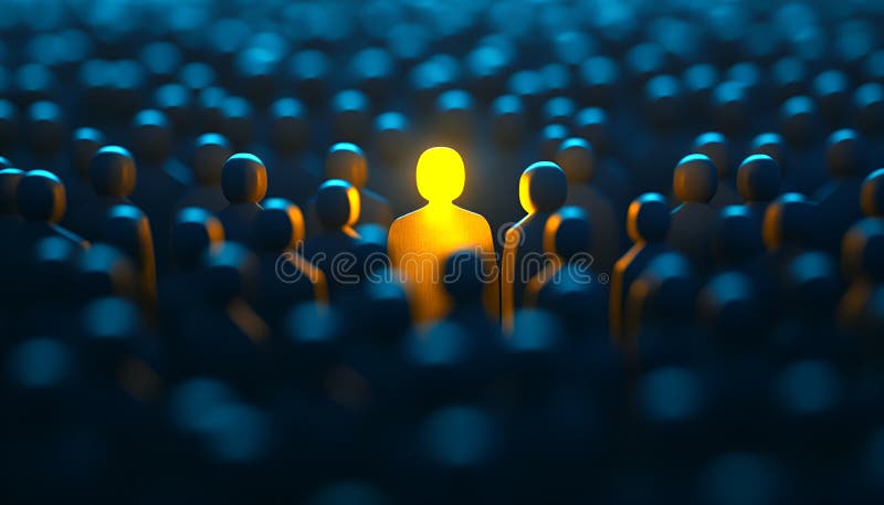 Unique Yellow Figure Standing Out in a Crowd of Blue Figures Stock ...